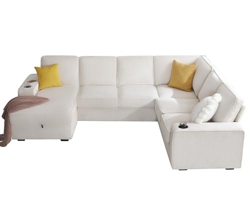 PaPaJet U Shaped Sofa, 7 Seater Sofa with USB Ports, Sectional Sofa Couch with Storage Chaise, Corduroy Beige