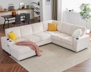 papajet u shaped sofa, 7 seater sofa with usb ports, sectional sofa couch with storage chaise, corduroy beige