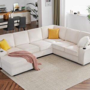 PaPaJet U Shaped Sofa, 7 Seater Sofa with USB Ports, Sectional Sofa Couch with Storage Chaise, Corduroy Beige