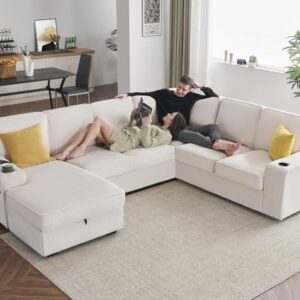 PaPaJet U Shaped Sofa, 7 Seater Sofa with USB Ports, Sectional Sofa Couch with Storage Chaise, Corduroy Beige