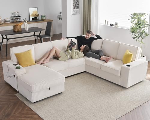 PaPaJet U Shaped Sofa, 7 Seater Sofa with USB Ports, Sectional Sofa Couch with Storage Chaise, Corduroy Beige