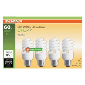 sylvania cfl t2 twist light bulb, 60w equivalent, efficient 13w, 850 lumens, medium base, 2700k, soft white - 4 pack