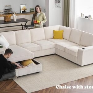 PaPaJet U Shaped Sofa, 7 Seater Sofa with USB Ports, Sectional Sofa Couch with Storage Chaise, Corduroy Beige