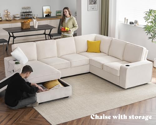 PaPaJet U Shaped Sofa, 7 Seater Sofa with USB Ports, Sectional Sofa Couch with Storage Chaise, Corduroy Beige