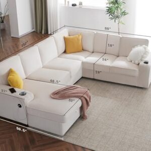 PaPaJet U Shaped Sofa, 7 Seater Sofa with USB Ports, Sectional Sofa Couch with Storage Chaise, Corduroy Beige