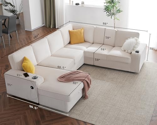 PaPaJet U Shaped Sofa, 7 Seater Sofa with USB Ports, Sectional Sofa Couch with Storage Chaise, Corduroy Beige