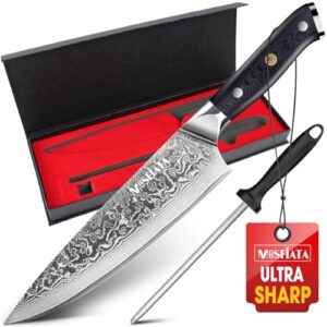 mosfiata chef knife 8 inch, damascus kitchen knife,ultra sharp chef's knives with 67-layer damascus steel vg-10 blade,knife sharpener rod gift box