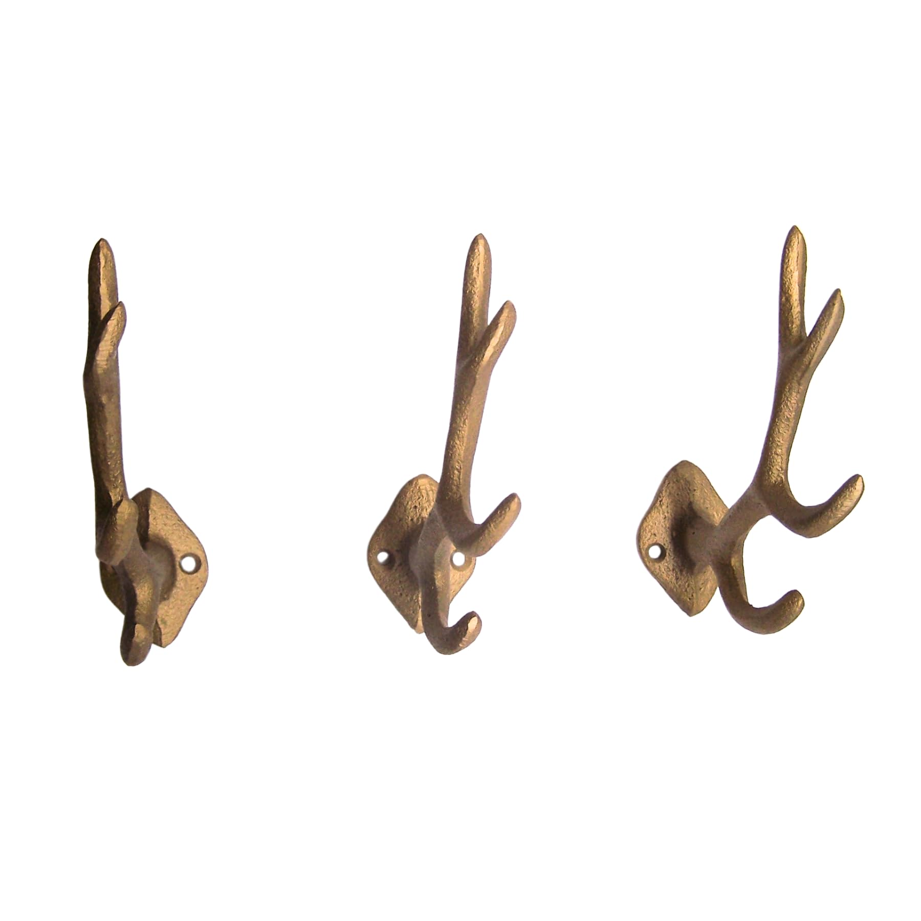 Wowser Antler Wall Hooks, Set of 3, Wall Mounted Decoration, Rustic Decor, 5.5 Inches (Gold Toned)