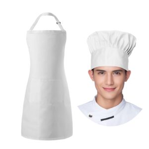 Tosewever Chef Apron Hat Set, Adjustable Bib Apron with 2 Pockets Chef Costume Apron for Women Men Father Kitchen Cooking (White)