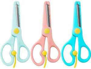 anjobibi,safety craft scissors for kids 3-pack,preschool training scissors,ergonomic handle perfect for paper cutting-2.0 (pink+ baby blue+ deep blue)