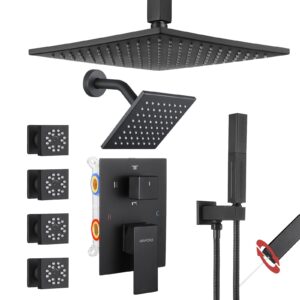 vanfoxle shower faucet set matte black shower system,four modes shower faucet with 2 in 1 handheld,ceiling mount 10 inch shower head with 6 inch shower head, 4 pcs dual modes body jets