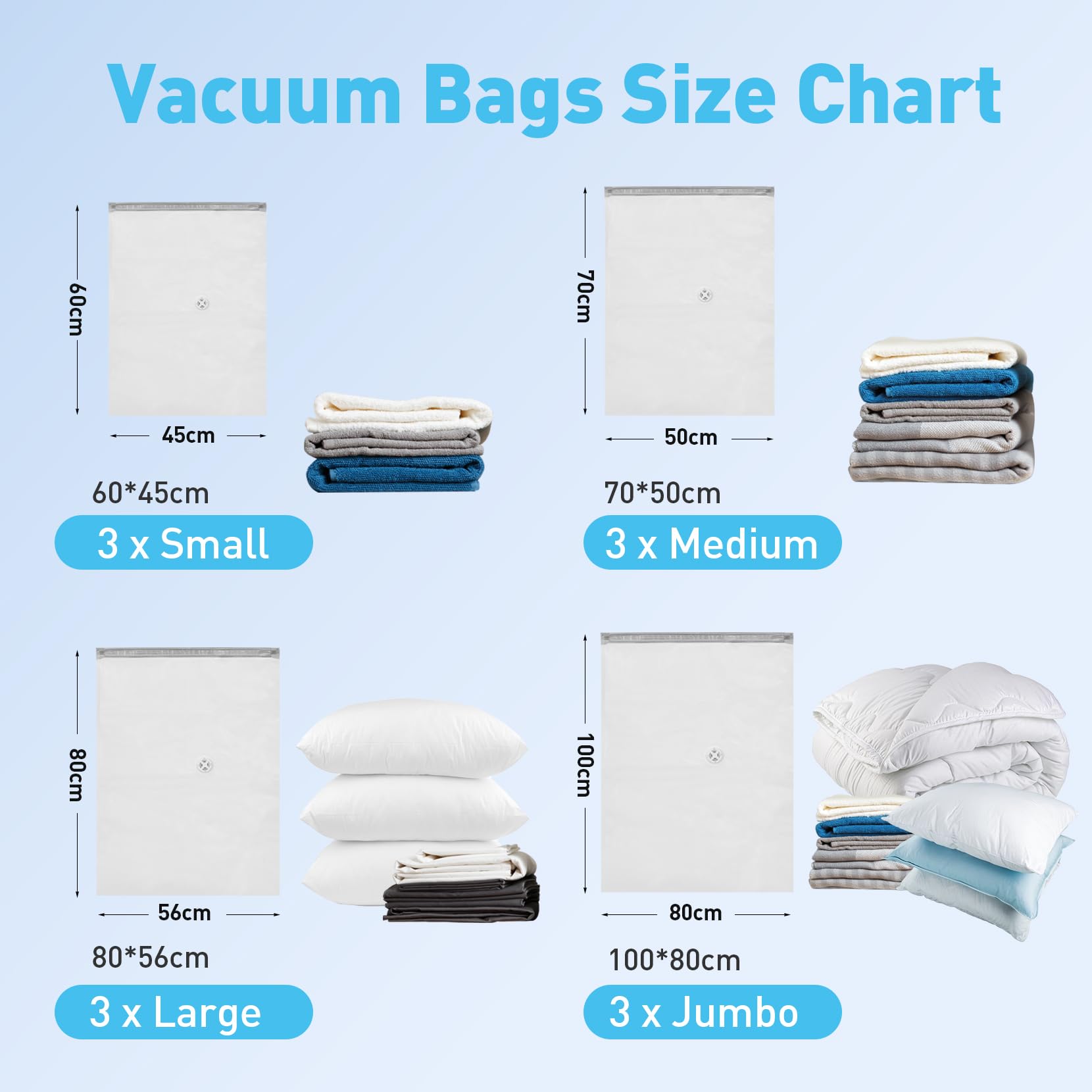 12 Pack Vacuum Storage Bags with Electric Air Pump, Vacuum Seal Bags for Clothing (3Jumbo/3Large/3Medium/3Small), Space Saver Bag for Clothes, Blanket, Duvets, Pillows,Comforters, Bedding,Travel