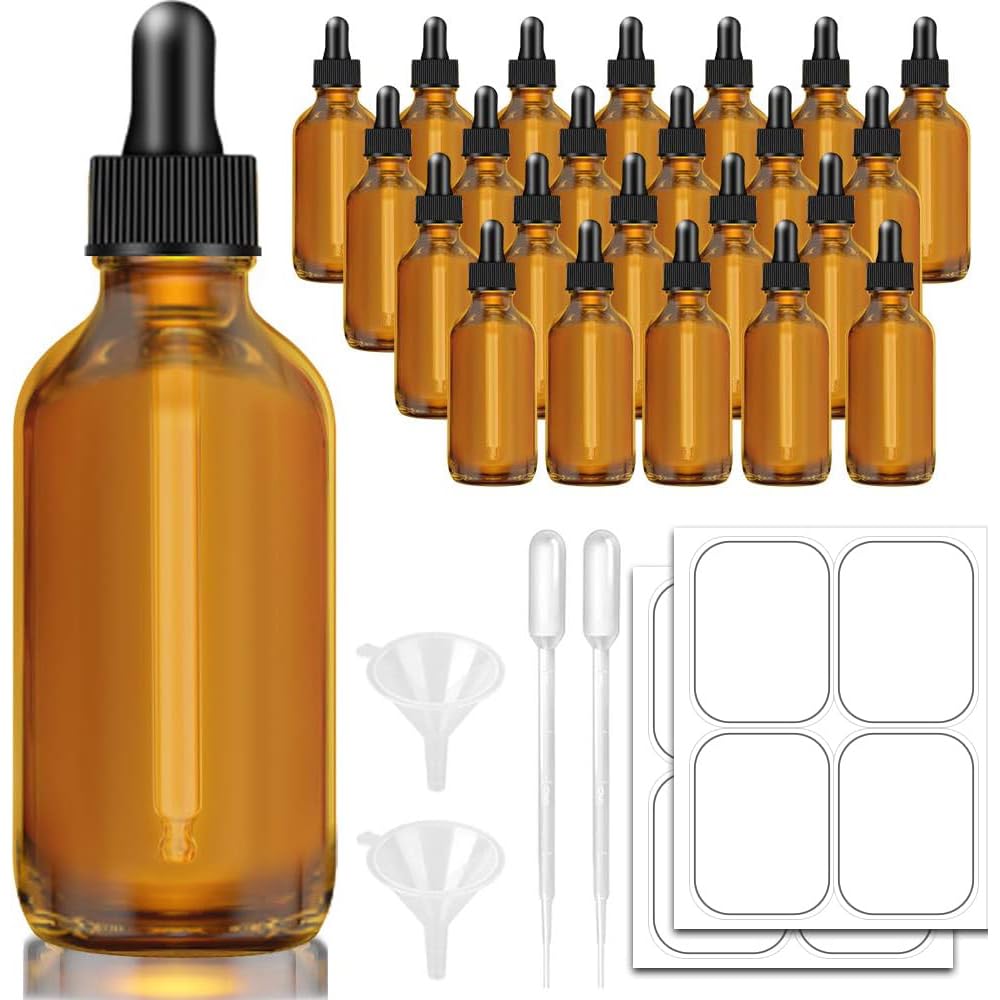 Bumobum 4oz Dropper Bottles for Essential Oils, 24 Pack 120ml Amber Glass Dropper Bottles with Eye Dropper, 2 Funnel and 2 Long Dropper, Empty Tincture Bottles for Travel, Home use