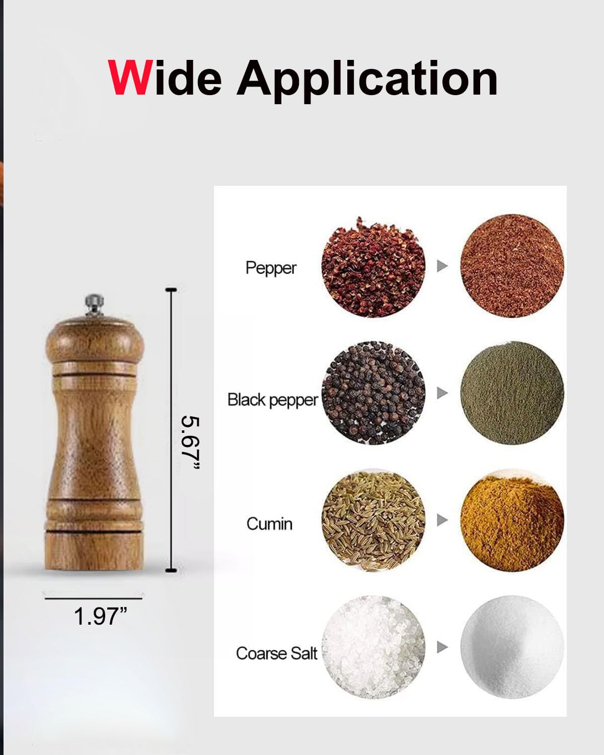 Pepper Grinder Salt Grinder Wooden Pepper Mill Grinder w/Adjustable Coarse, 5 inch Tall Wood Refillable Manual Pepper Grinder Mill Peppermill for Black Peppercorn, Easy Clean