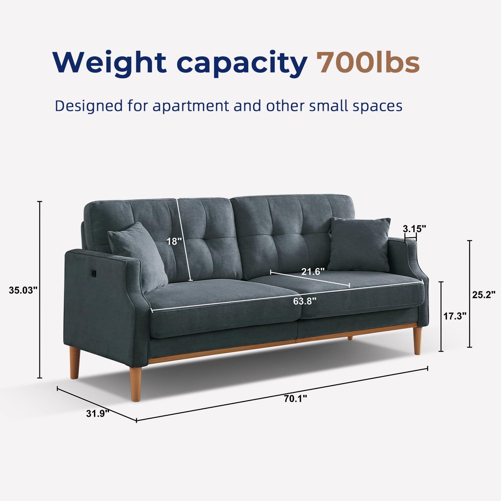 SoarFlash 70” Loveseat Sofa Couch for Living Room, Small Apartment Sofa for Small Spaces, Multifunctional Rechargeable Sofa, Multi-Person Fashion Sofa, Blue