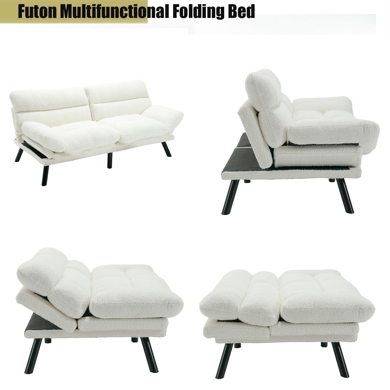 70" Modern Teddy Convertible Folding Futon Couch Sofa Bed Adjustable Pillow Top Arm Memory Foam Couch Double Loveseat Sofa for Compact Living Space,Dorm,Game Studio,Apartment,Bedroom (White Teddy)