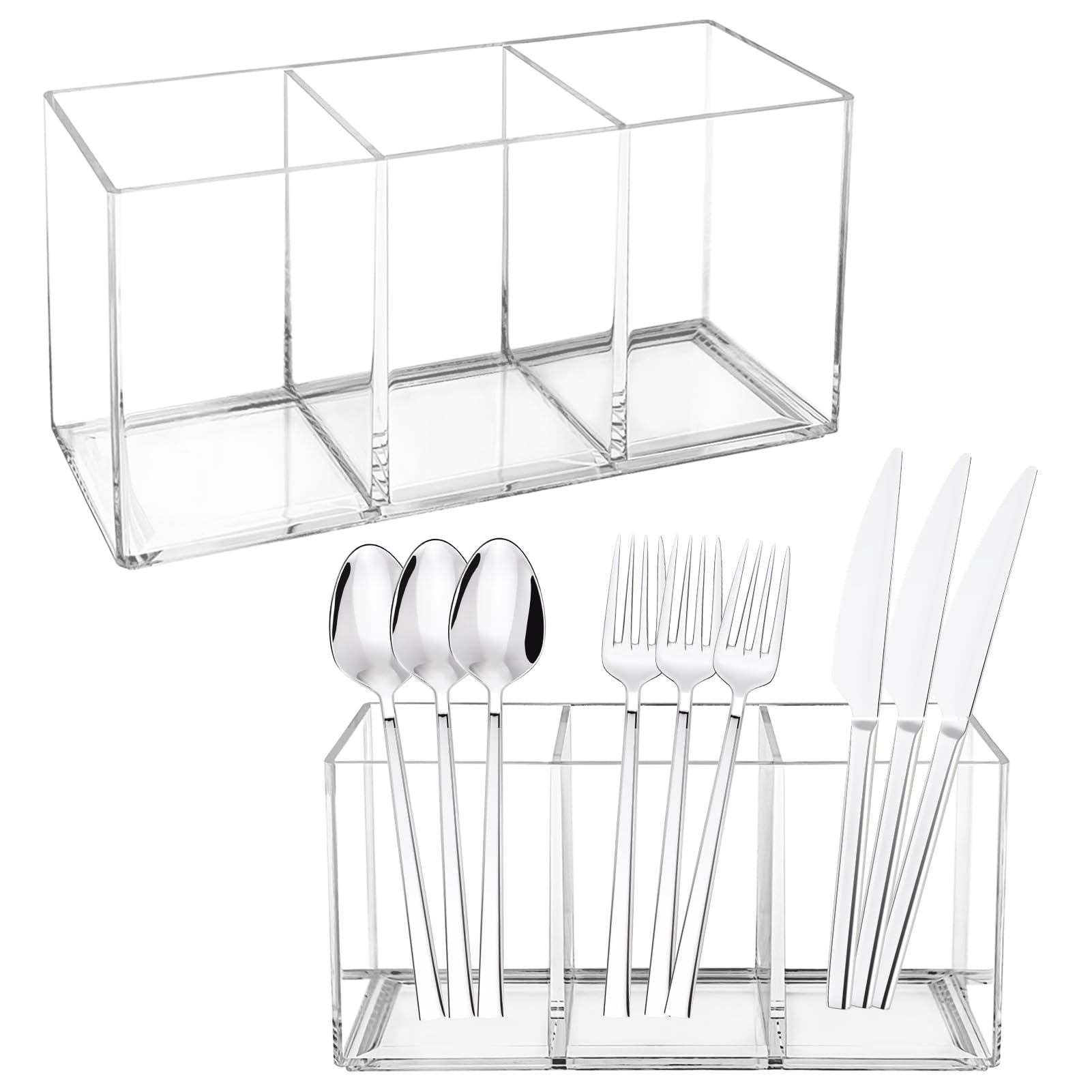 Rainmae 2Pack Acrylic Cutlery Storage Organizer, Plastic Cutlery Utensil Holder Storage Organizer Caddy for Kitchen Countertop Organization - Holds Fork, Knife, Spoon, Silverware Tableware Storage Box