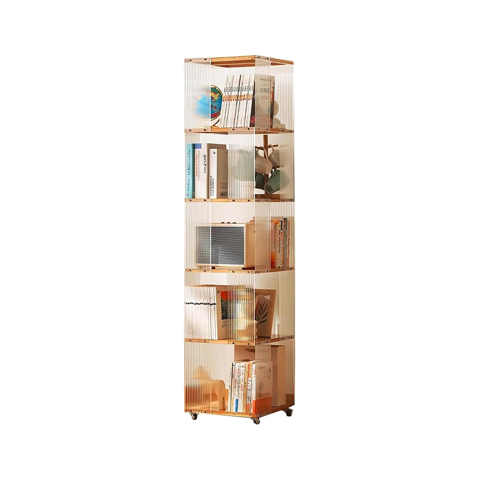 5 Tier Rotating Bookshelf, Clear Bookcase, Modern Storage Organizer Book Case for Bedroom Living Room Home Office, 360 Display Spinning Bookshelf Floor Standing Book Shelf (5 Tier - Natural)