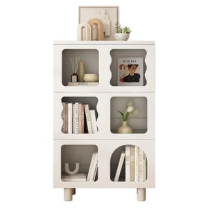 huazzzyi storage cabinet with open shelf, 3 tier modern open storage organizer, cute cream display bookcase, wooden floor cabinet for living room living room, office, entryway, reading nook