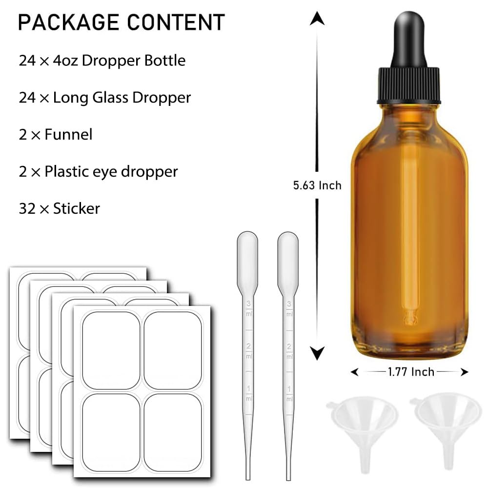 Bumobum 4oz Dropper Bottles for Essential Oils, 24 Pack 120ml Amber Glass Dropper Bottles with Eye Dropper, 2 Funnel and 2 Long Dropper, Empty Tincture Bottles for Travel, Home use