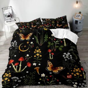 luvivihome 3pcs black duvet cover full bedding set, cottagecore boho moon and stars red mushroom butterfly moth snail wildflower floral plant botanical comforter bedspread quilt cover, 2 pillow shams