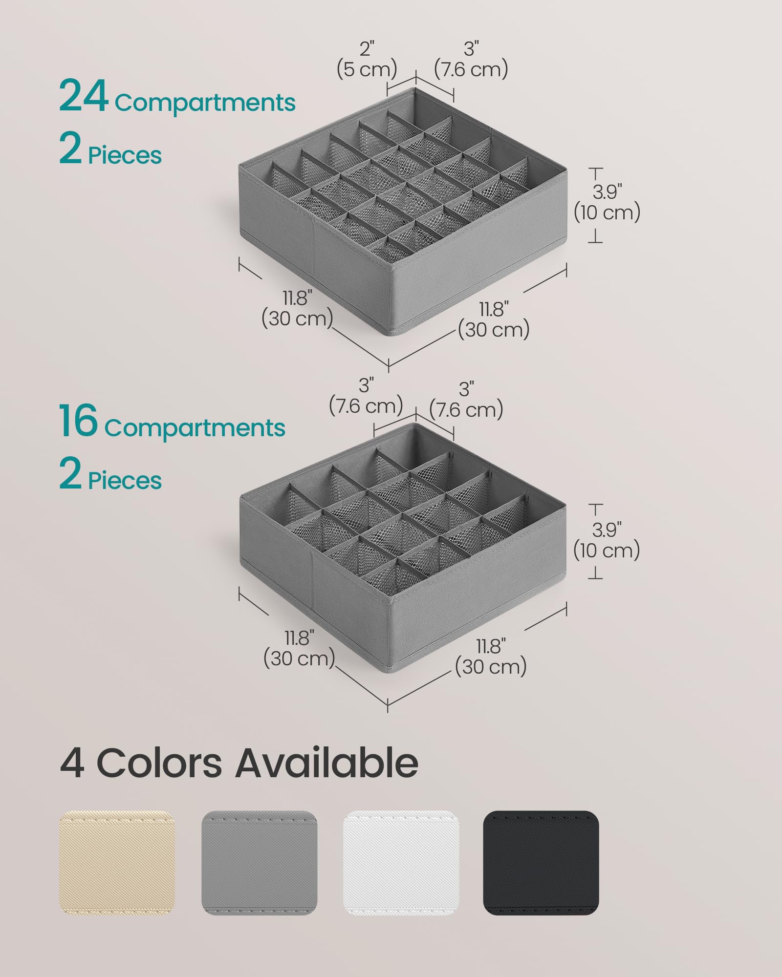 SONGMICS Set of 4 Drawer Organizers, Closet Organizers for Underwear, 80 Cells, Foldable Sock Holders, 11.8 x 11.8 x 3.9 Inches, for Storing Socks, Ties, Belts, Dove Gray URUS011G01