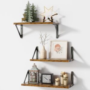 fun memories floating shelves wall mounted set of 3, 16.5 inch natural wood wall shelves, decor storage shelf for bedroom bathroom living room office pictures plants books cats tv (rustic brown)