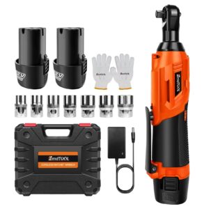 hsha cordless electric ratchet wrench set, 3/8" 12v power ratchet driver w/safe lock switch & led light, 7 sockets, 2-pack lithium-ion batteries and 60-min fast charge