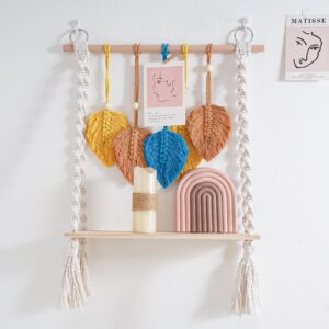 uoixpuhuo boho shelves macrame wall hanging shelf tier 1, handmade boho macrame wall decor colorful leaves woven, floating hanging plant shelf storage organizer for bathroom bedroom nursery