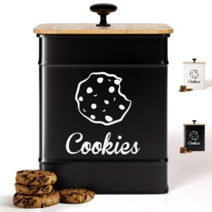 cookie jar with airtight bamboo lid - 6"w x 6"d x 8"h black iron cookie tin - large cookie jars with lids airtight - farmhouse cookie jars for kitchen counter decorative - cute cookie jar airtight lid