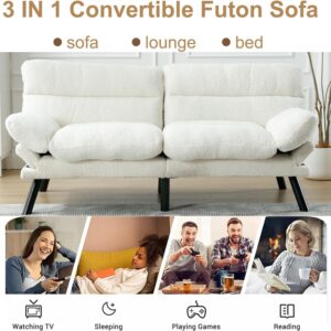 70" Modern Teddy Convertible Folding Futon Couch Sofa Bed Adjustable Pillow Top Arm Memory Foam Couch Double Loveseat Sofa for Compact Living Space,Dorm,Game Studio,Apartment,Bedroom (White Teddy)