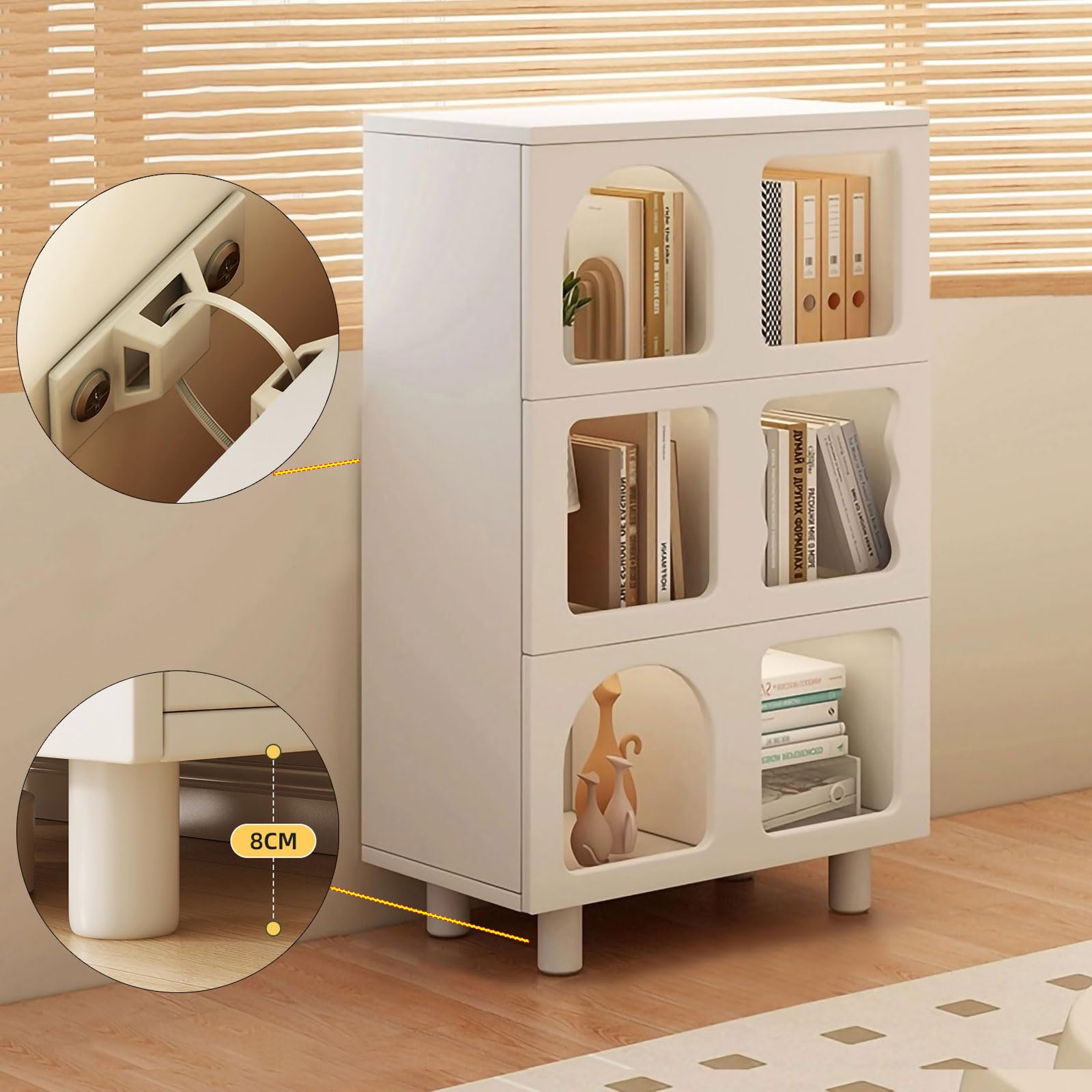 Huazzzyi Storage Cabinet with Open Shelf, 3 Tier Modern Open Storage Organizer, Cute Cream Display Bookcase, Wooden Floor Cabinet for Living Room Living Room, Office, Entryway, Reading Nook