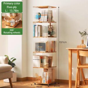 5 Tier Rotating Bookshelf, Clear Bookcase, Modern Storage Organizer Book Case for Bedroom Living Room Home Office, 360 Display Spinning Bookshelf Floor Standing Book Shelf (5 Tier - Natural)