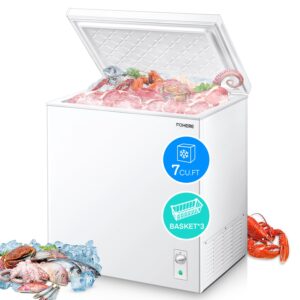 fohere 7.0 cu.ft chest freezer, compact deep freezer with three removable basket, free standing top open door, adjustable temperature, for kitchen garage office bar, white