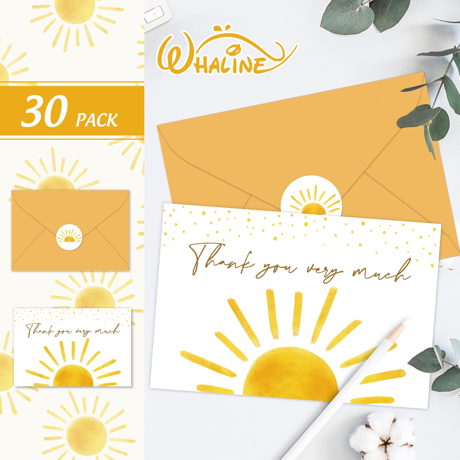 Whaline 30 Pack Baby Shower Thank You Cards with Envelopes Stickers Boho Sun Greeting Cards Sunshine Blank Note Cards for Baby Shower Birthday Wedding Party Supplies, 4 x 6 Inch