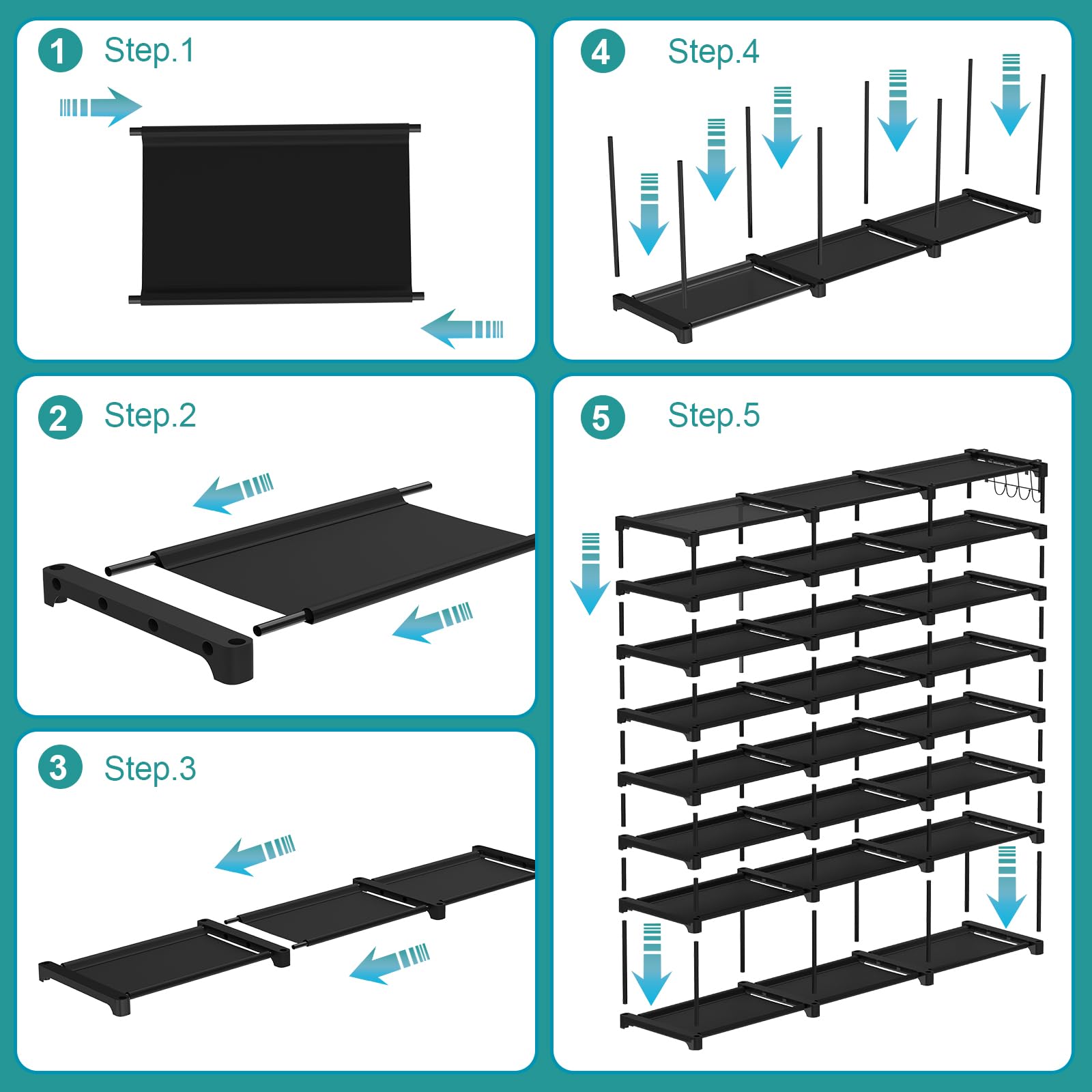 LUUDTAI Shoe Organizer 8 Tier Tall Shoe Rack 36-48 Pairs Large Shoe Storage Shelf with Hook and Foldable Sock Box, Stackable Free Standing Shoe Rack for Closet Entryway Bedroom Garage