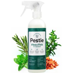 pestie flea & tick treatment for pets, plant-powered spray, repels and kills fleas, ticks and mosquitos, safe for cats and dogs, easy spray-on, featuring cedarwood, peppermint, thyme, and rosemary