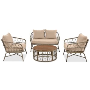 lumisol 4 piece outdoor furniture set with wood table, patio furniture set with removable cushions, outdoor conversation set for 4 person, for backyard pool, beige