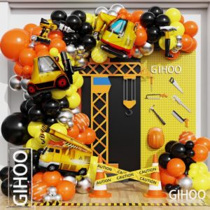 construction birthday party supplies 147pcs construction balloon arch garland kit, orange black excavator dump truck hammer drill foil mylar balloon for construction theme birthday party decorations