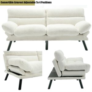 70" Modern Teddy Convertible Folding Futon Couch Sofa Bed Adjustable Pillow Top Arm Memory Foam Couch Double Loveseat Sofa for Compact Living Space,Dorm,Game Studio,Apartment,Bedroom (White Teddy)