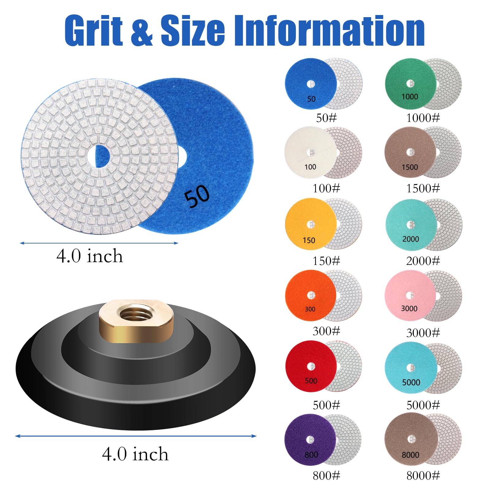 12+1 Pack Diamond Polishing Pads, Windspeed 4 Inch Diamond Polishing Discs Kit for Granite Polishing Pads Wet/Dry Marble Polishing Pads for Concrete Stone Countertop Quartz Polishing (50-8000 Grit)