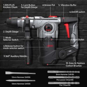 ZKH 1-1/4" SDS-Plus Rotary Hammer Drill for Concrete, 12.5 Amp Corded Heavy Duty Rotary Hammer with Safety Clutch, 4 Functions Vibration Control, Includes Chisels, Drill Bits, Grease and Carrying Case