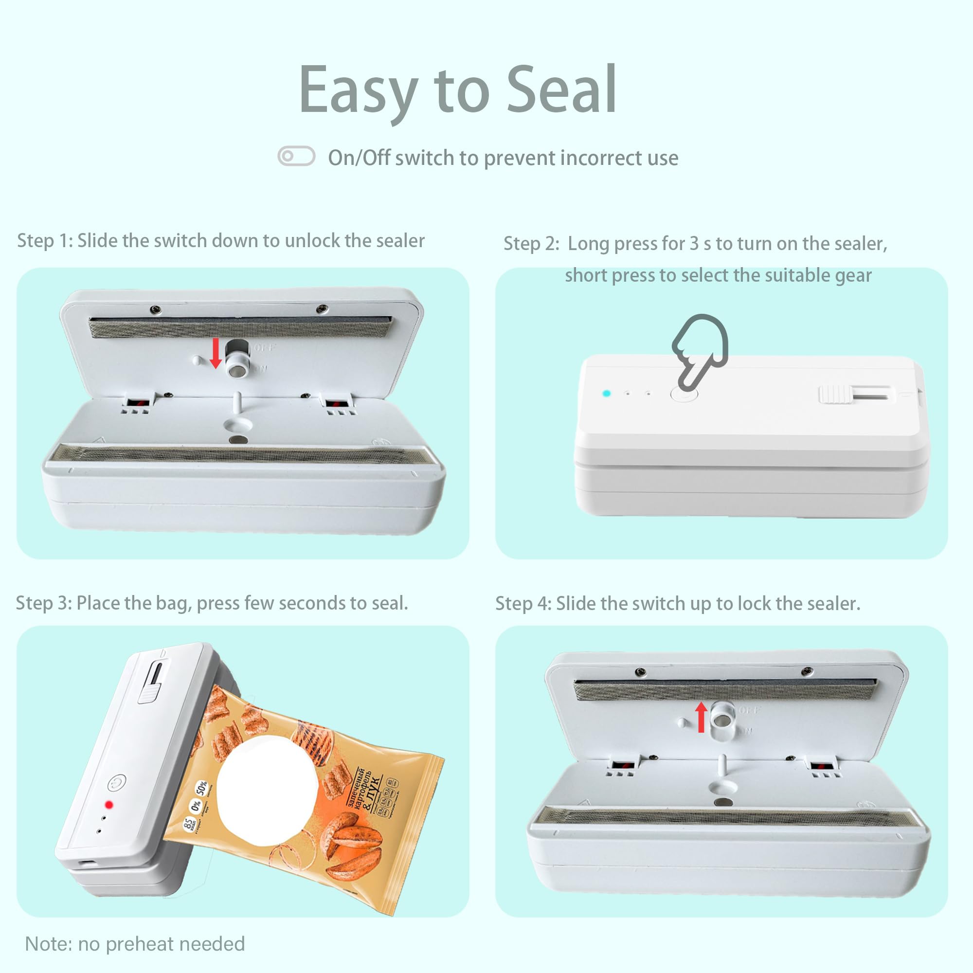 Hokant Mini Bag Sealer Handheld Heat Vacuum Sealer and Cutter, 1300mAh Rechargeable Portable Mini Sealing Machine with 3 Sealing Gear for Chip Bags Plastic Bags Food Storage