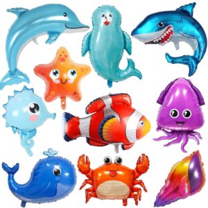 jiahaoppx 10 pcs sea animal balloons, large shark dolphin whale octopus fish hippocampus crab sea lion conch starfish ocean foil balloons for sea underwater animals theme party decoration