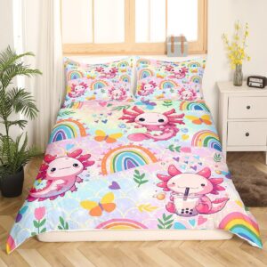 feelyou cute axolotl comforter cover set cartoon salamander duvet cover for kids boys girls rainbow and butterflies bedding set ombre bedspread cover bedroom collection 3pcs full size