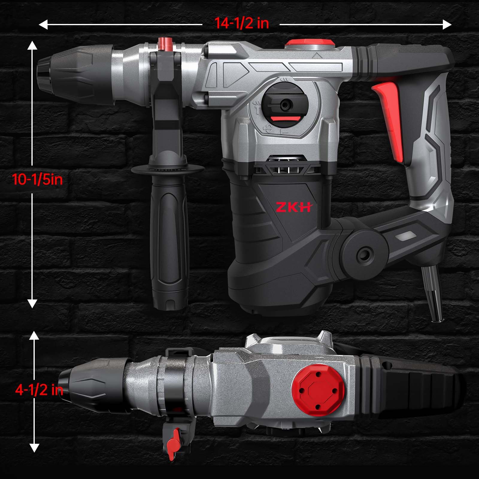 ZKH 1-1/4" SDS-Plus Rotary Hammer Drill for Concrete, 12.5 Amp Corded Heavy Duty Rotary Hammer with Safety Clutch, 4 Functions Vibration Control, Includes Chisels, Drill Bits, Grease and Carrying Case