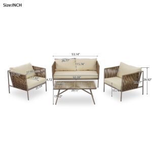 LUMISOL 4 Piece Rope Outdoor Conversation Sofa Set with Toughened Glass Table, Patio Furniture Set with Thick Cushions for 4 Person, Outdoor Furniture for Porch Backyard, Beige