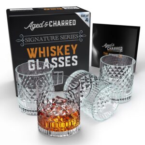 aged & charred old fashioned whiskey glasses set of 4 - premium crystalline bourbon glass - scotch glasses sophisticated design - elegant gift box