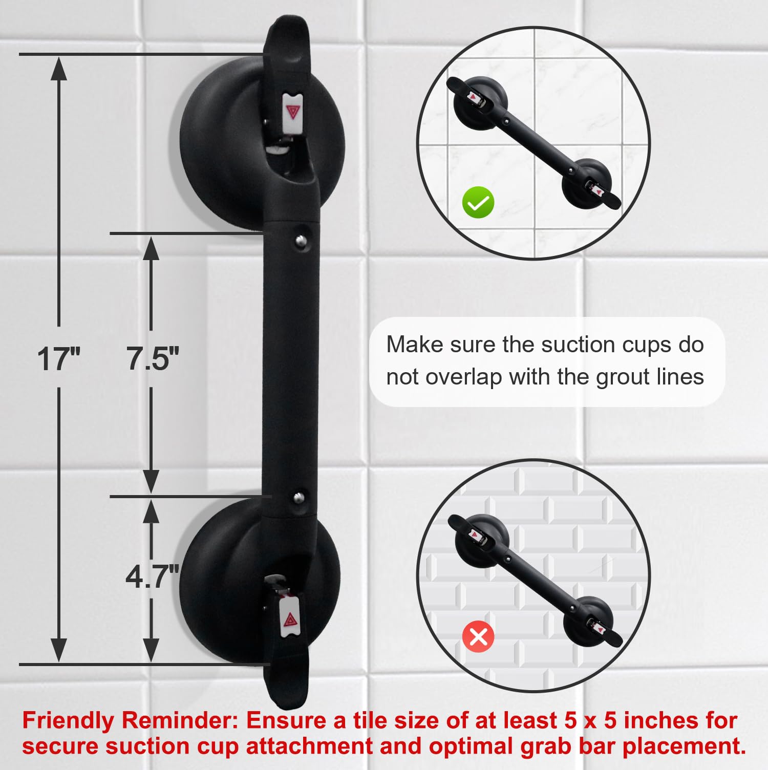 Suction Grab Bar for Shower Bathtub: Upgraded Heavy Duty Non-Slip Grip Handle with Strong Suction Cup for Bathroom Wall, Max Load 269LBS Safety Bar for Elderly Senior Disabled Handicap, 17 Inch, Black