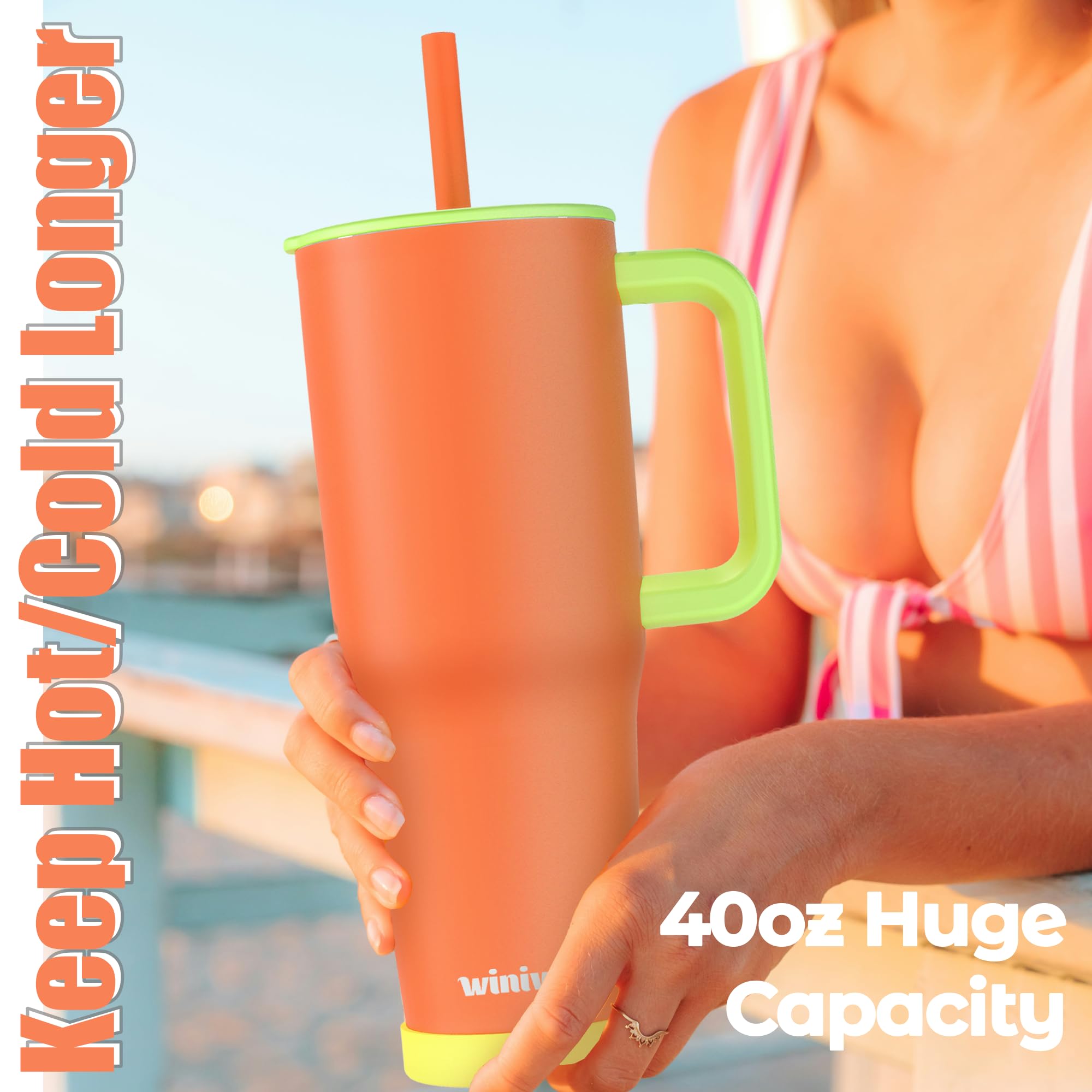 winiwo 40 oz Tumbler with Handle and Straw, Gift for Her, Flexible Straw, Insulated Tumbler Cups with Silicone Bottom, Keeps Beverages Cold Up to 24 Hours, Gym/Travel/School（Traffic Orange）